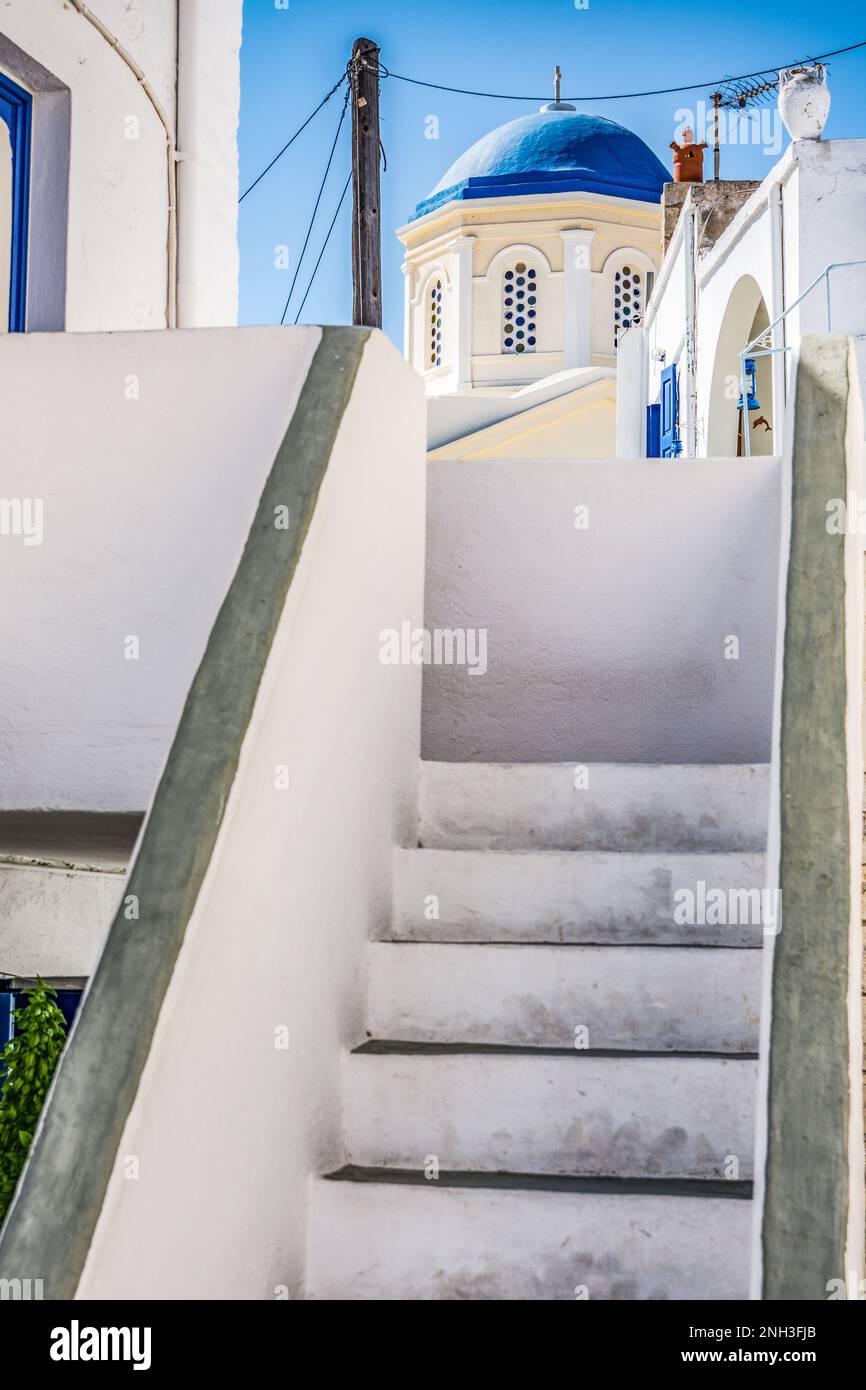 Typical steps painted grey and white in Chorio village, Kimolos Stock ...
