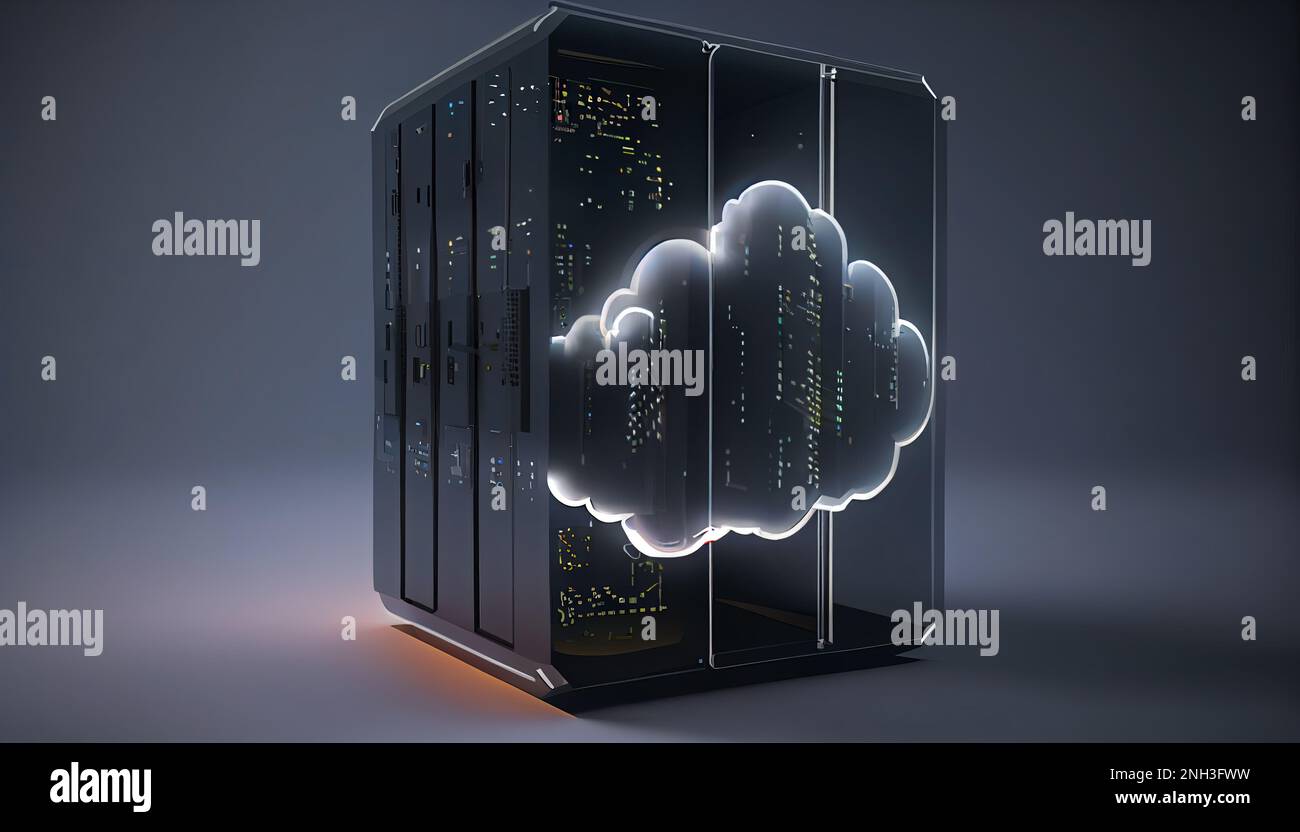 Cloud computing concept, server hardware storage with virtual connections, data flow and ...