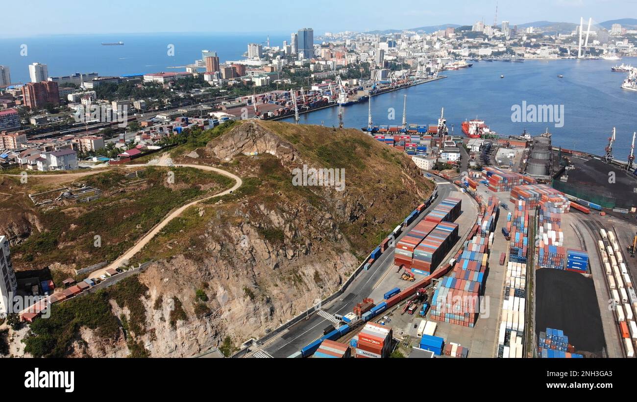 Top view. Vladivostok Commercial Sea Port. Industrial port with ...