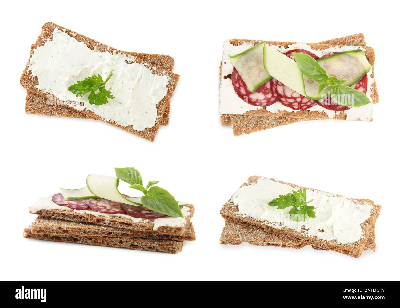 Fresh rye crispbreads with different toppings on white background ...