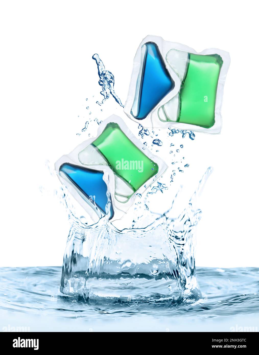 Laundry capsules falling into water on white background. Detergent pods ...