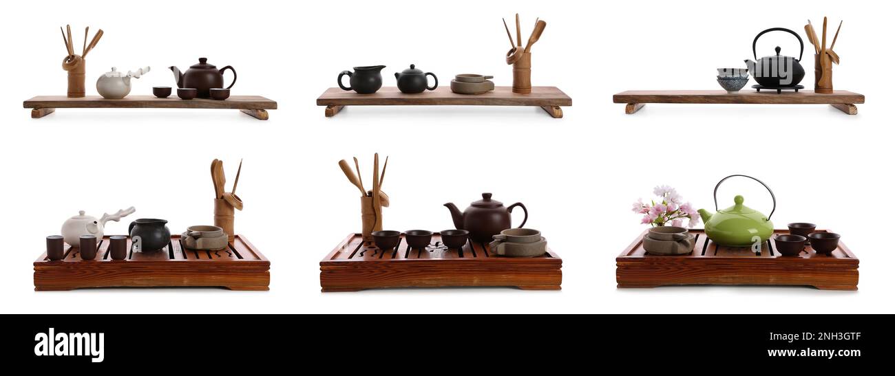 Beautiful sets for traditional tea ceremony on white background ...