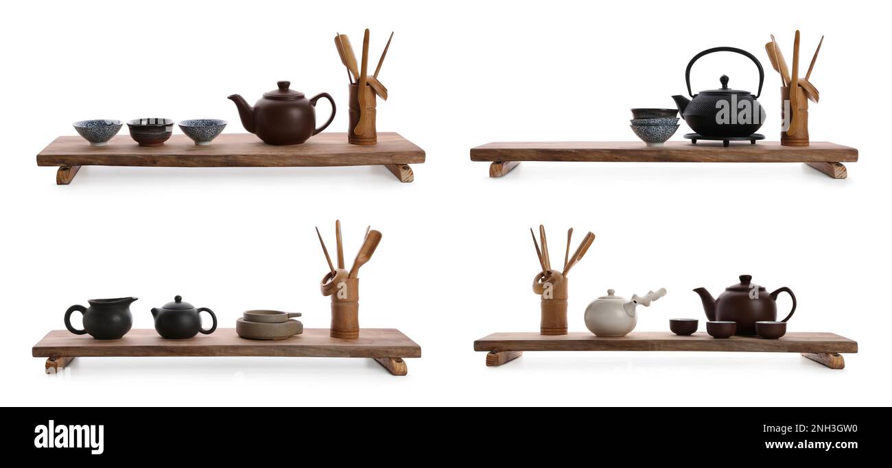 Beautiful sets for traditional tea ceremony on white background ...