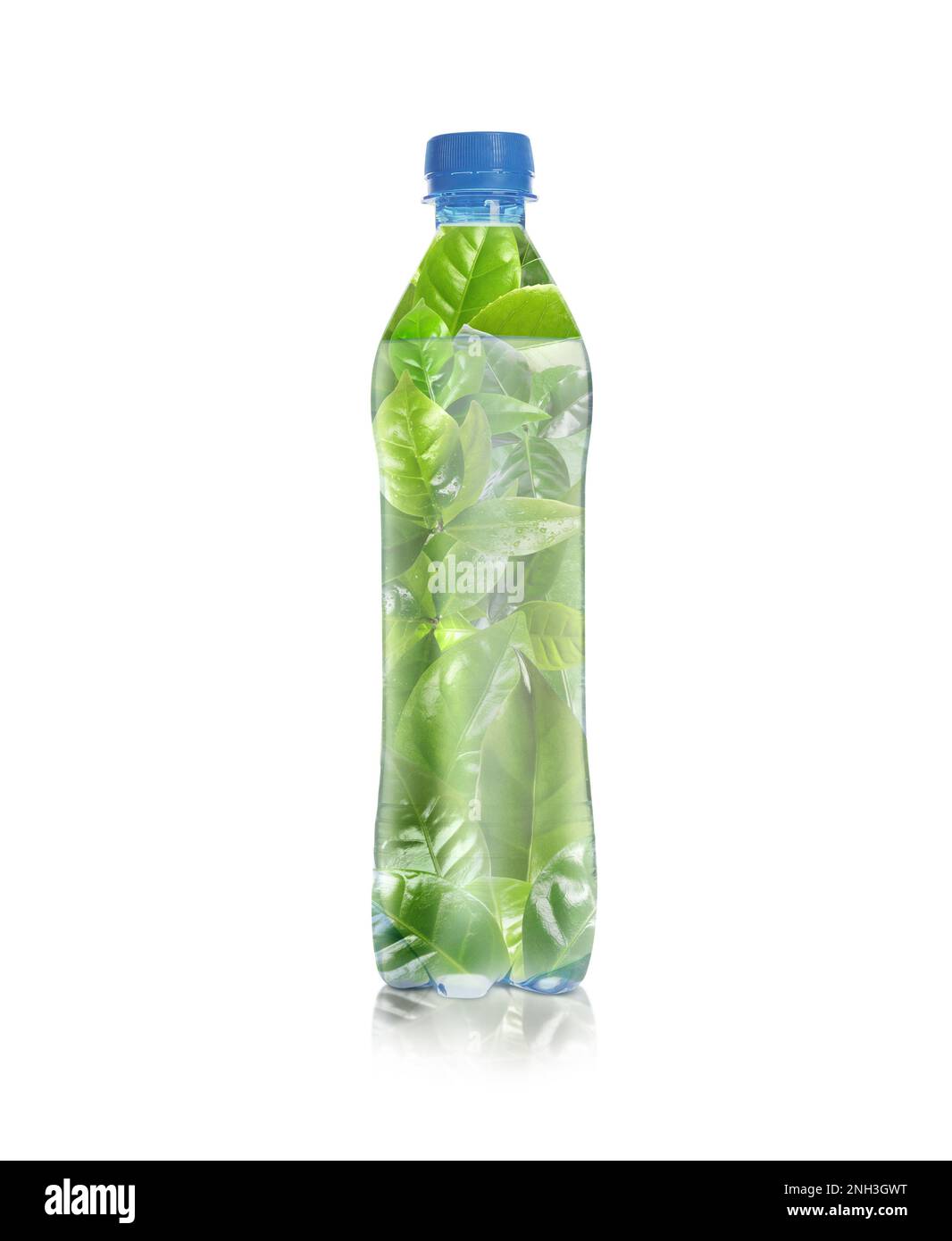 Bottle made of biodegradable plastic and green leaves on white ...