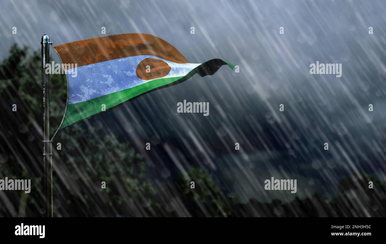 flag of Niger with rain and dark clouds, weather forecast symbol ...