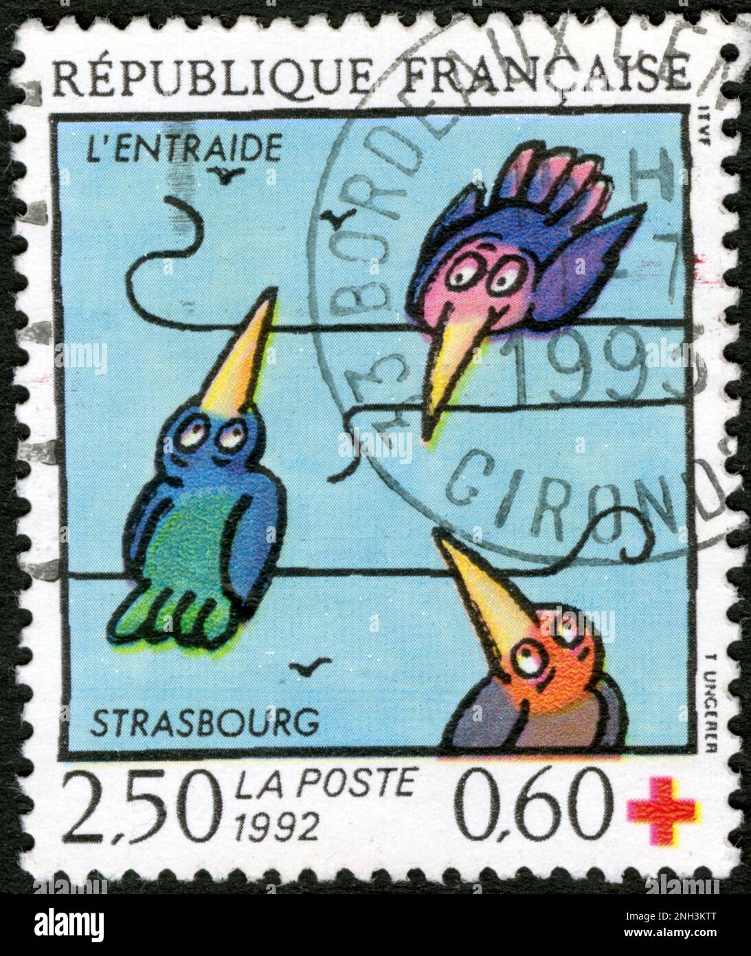 TIMBRE OBLITÉRÉ L'ENTRAIDE. STRASBOURG. RÉPUBLIQUE FRANÇAISE. LA POSTE ...