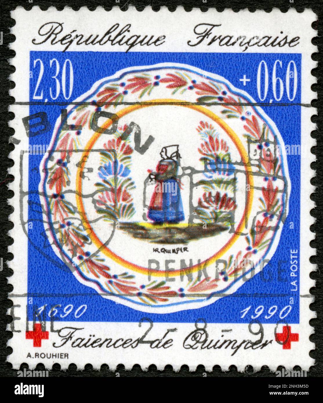 TIMBRE OBLITÉRÉ FAÏENCES DE QUIMPER.1690-1990. RÉPUBLIQUE FRANÇAISE. LA ...