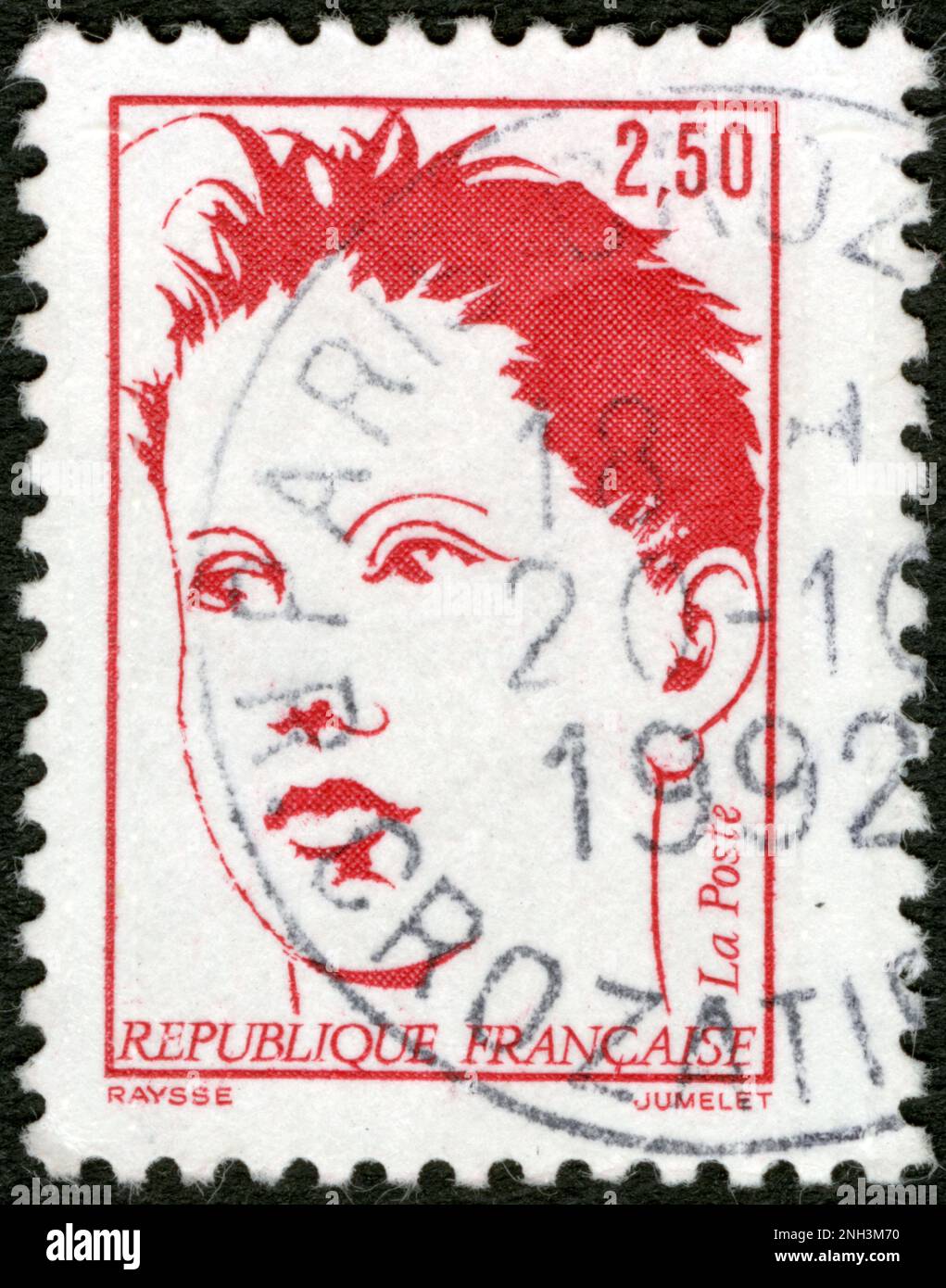 TIMBRE OBLITÉRÉ MARIANNE ROUGE. RÉPUBLIQUE FRANÇAISE. LA POSTE. 2,50 ...