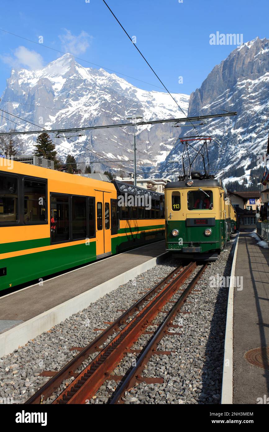 Swiss trains in the station at the ski resort of Grindelwald, Swiss ...