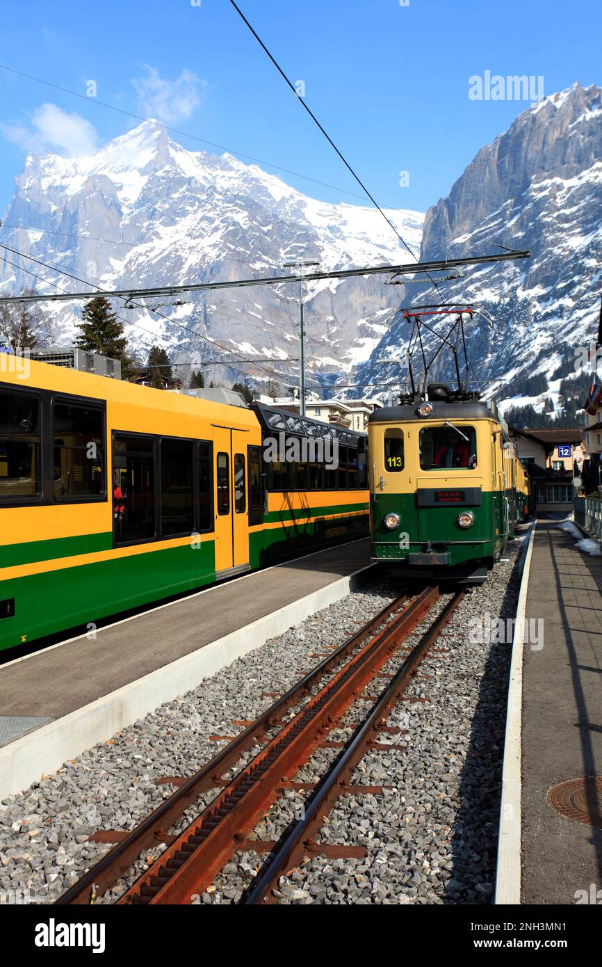 Swiss trains in the station at the ski resort of Grindelwald, Swiss ...