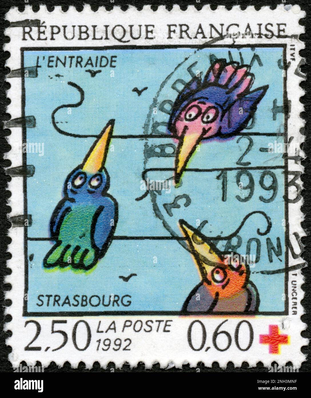 TIMBRE OBLITÉRÉ L'ENTRAIDE. STRASBOURG. RÉPUBLIQUE FRANÇAISE. LA POSTE ...