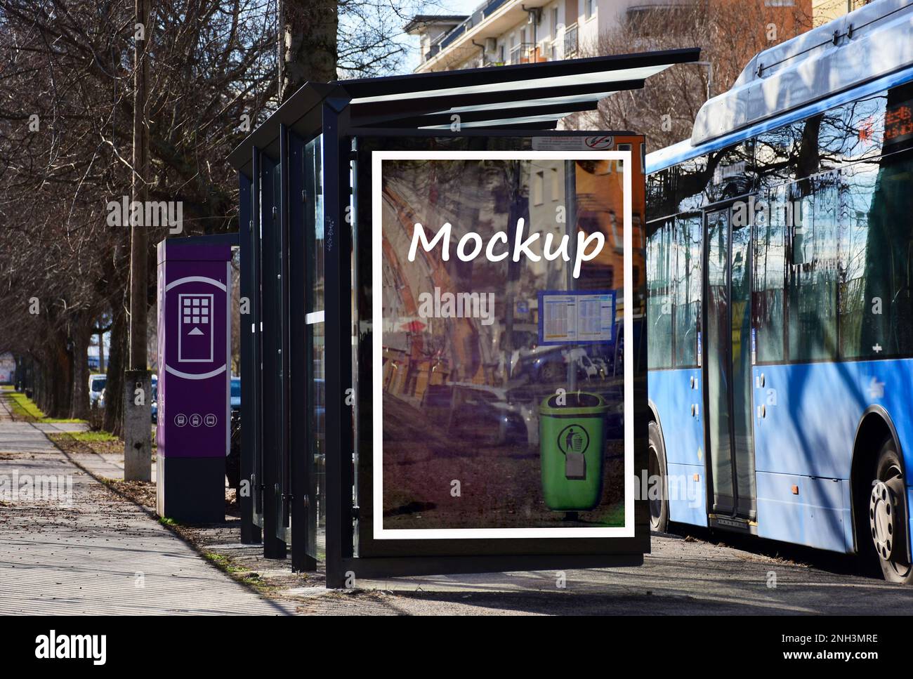 bus shelter with lightbox ad sign. mockup template. glass billboard ...