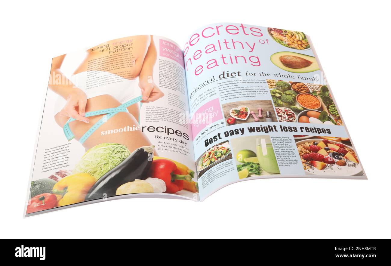 Modern printed healthy food magazine isolated on white Stock Photo - Alamy