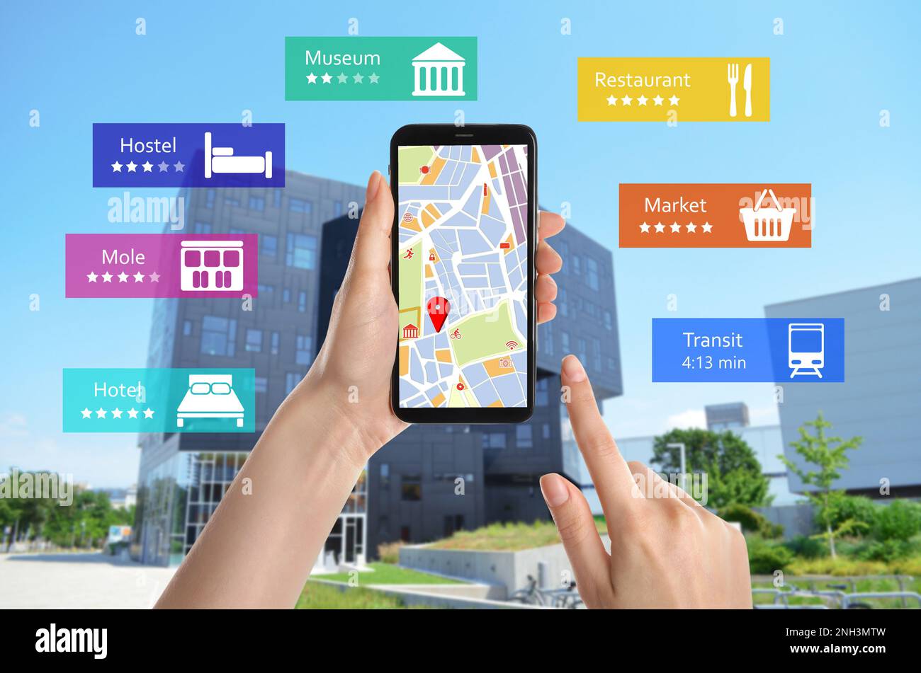 Tourist using online guide application on smartphone for navigation in ...