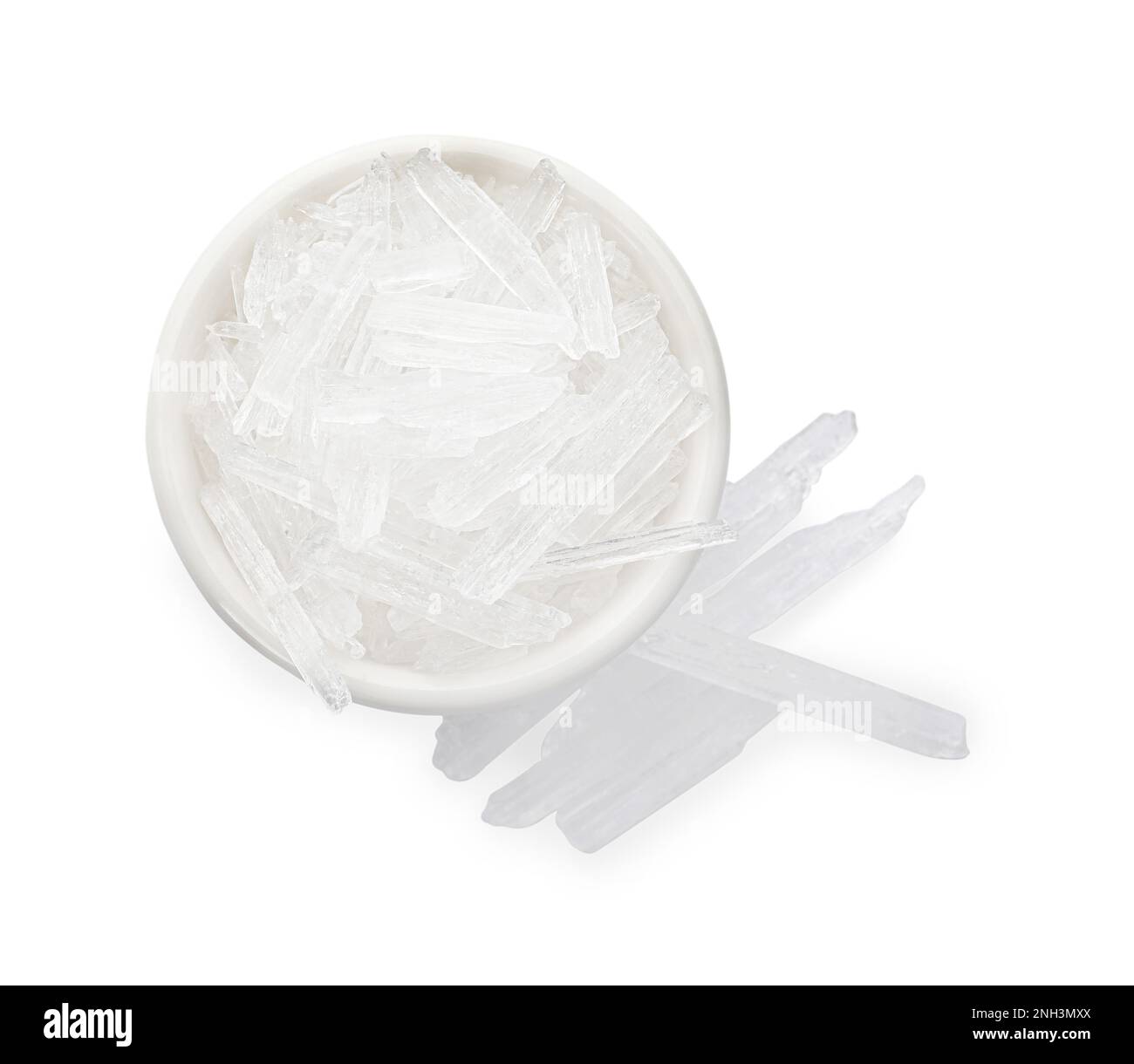 Menthol crystals in bowl on white background, top view Stock Photo - Alamy