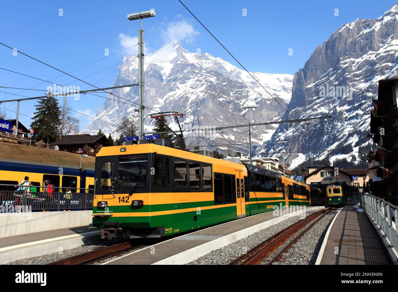 Swiss trains in the station at the ski resort of Grindelwald, Swiss ...
