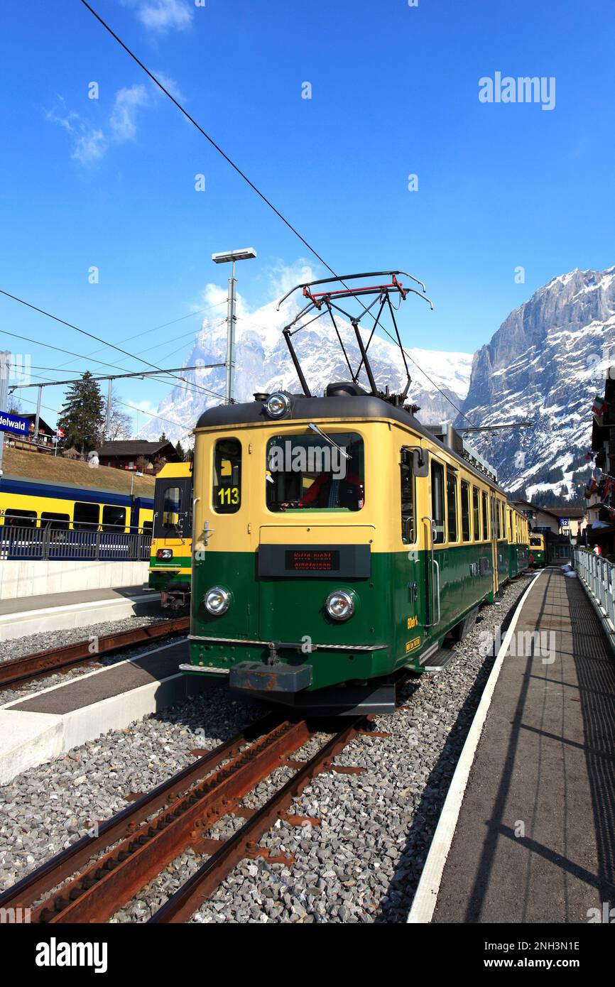 Swiss trains in the station at the ski resort of Grindelwald, Swiss ...