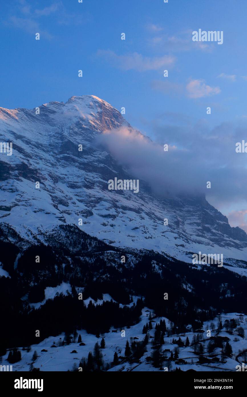 Winter snow view over the North face of the Eiger mountain, Grindelwald ...