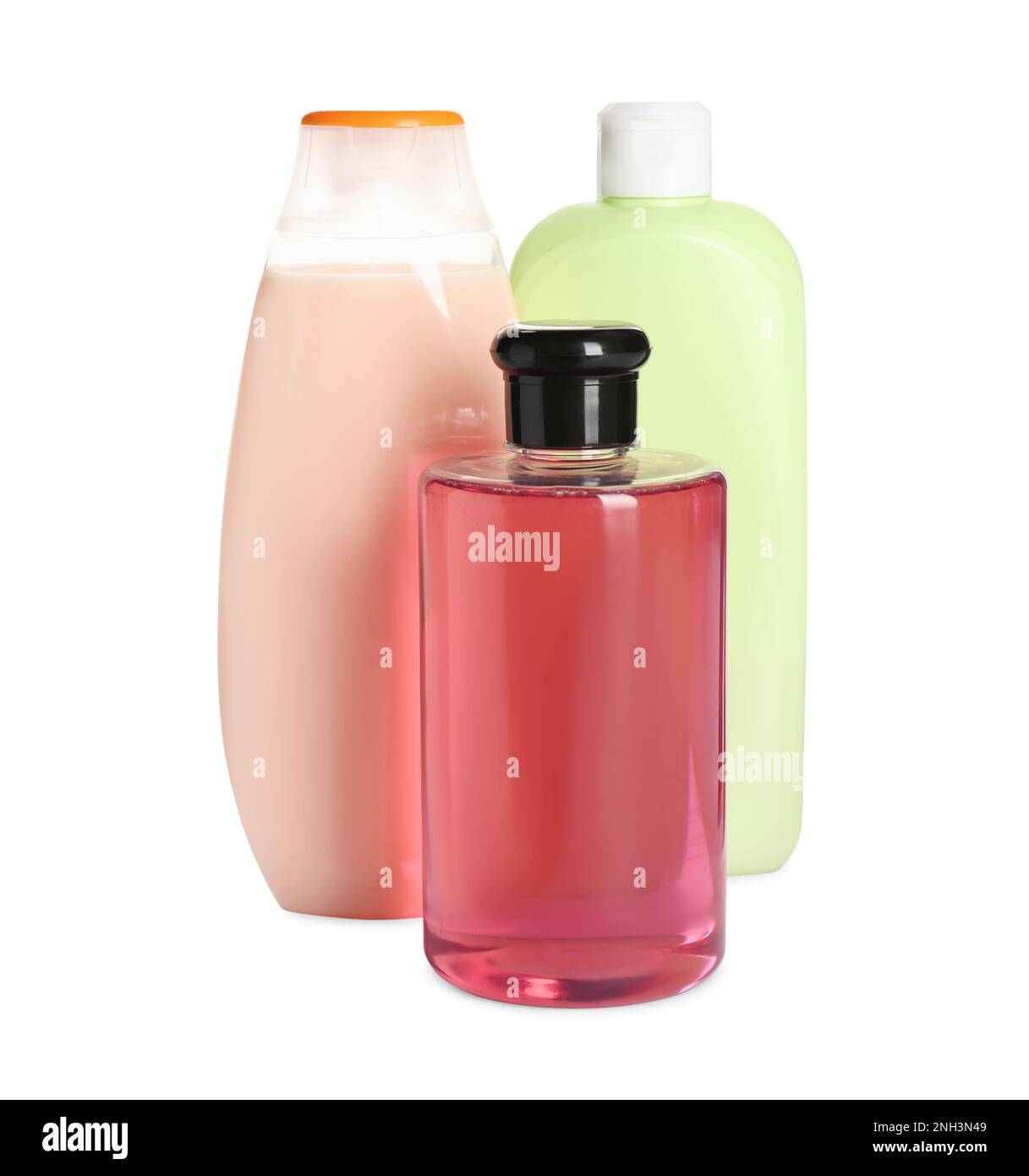 Different shower gel bottles on white background Stock Photo - Alamy