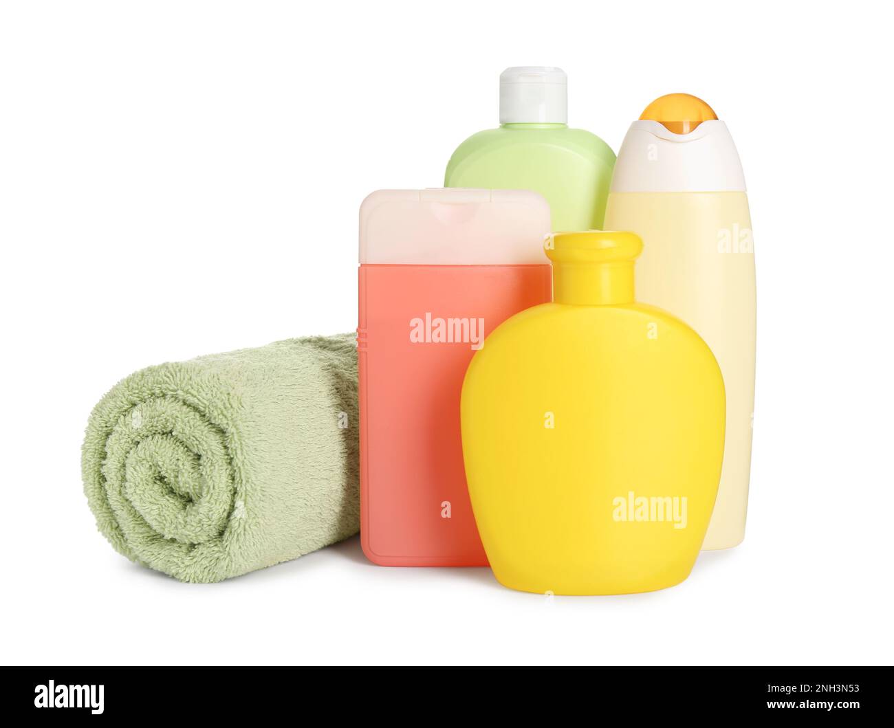 Many different shower gel bottles and towel on white background Stock ...