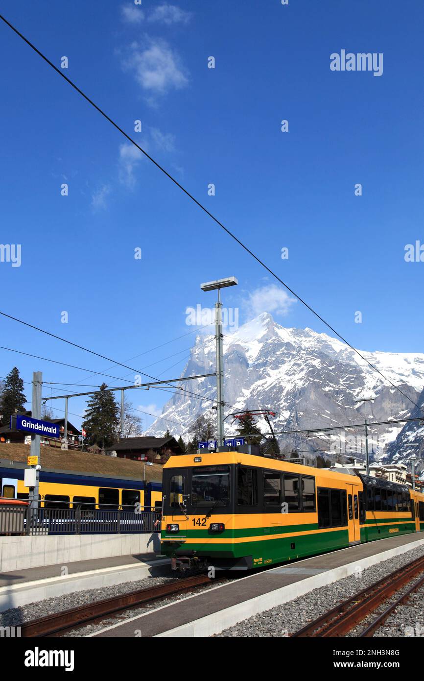 Swiss trains in the station at the ski resort of Grindelwald, Swiss ...
