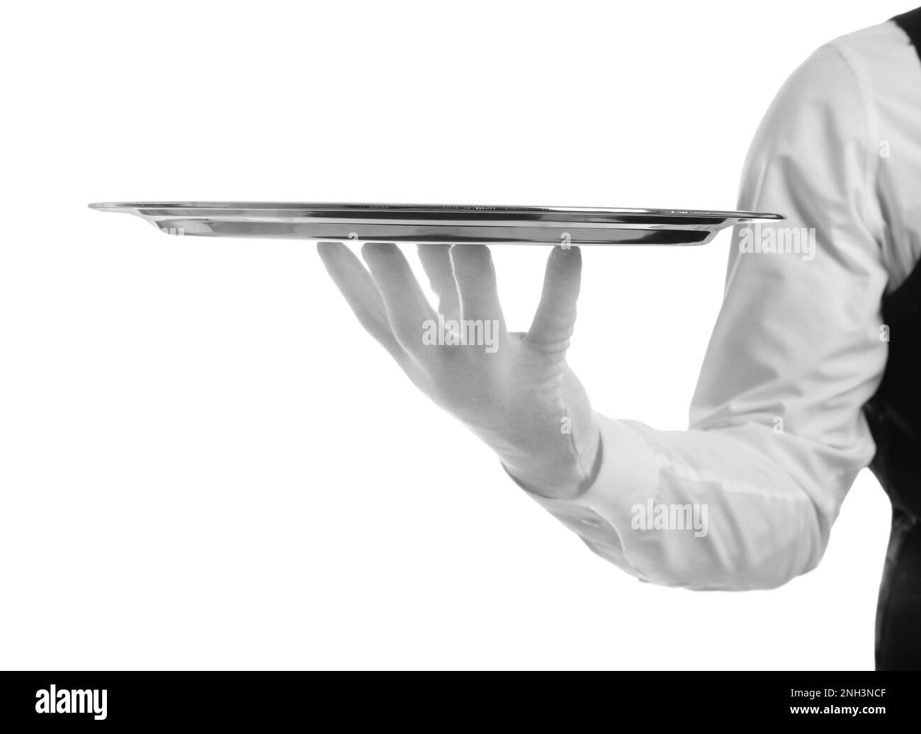Elegant butler holding silver tray isolated on white, closeup Stock ...