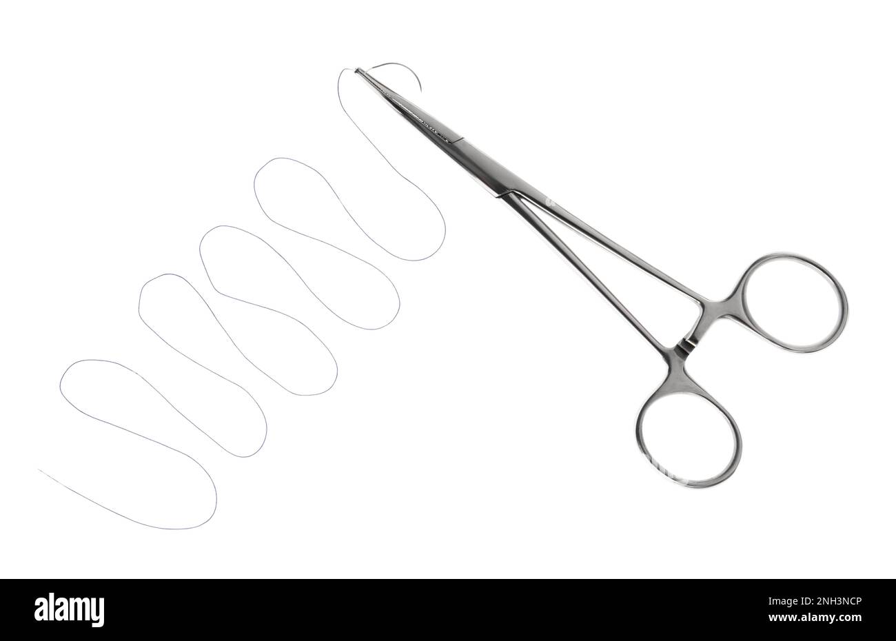 Forceps with suture thread on white background, top view. Medical ...