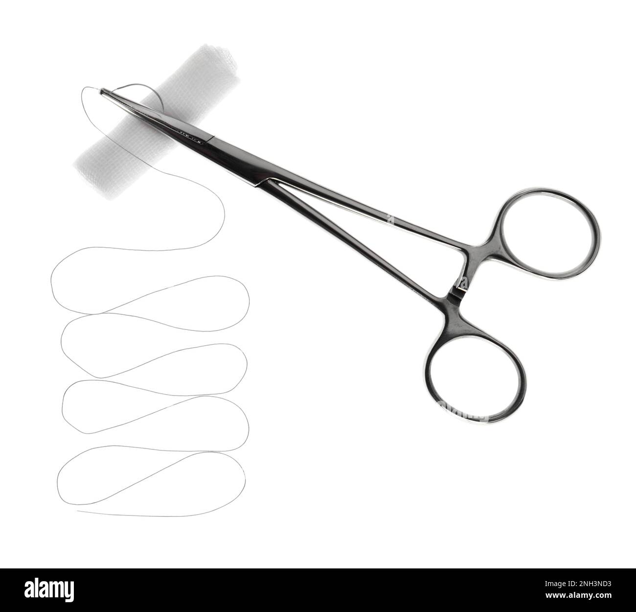 Forceps with suture thread and bandage roll on white background, top ...