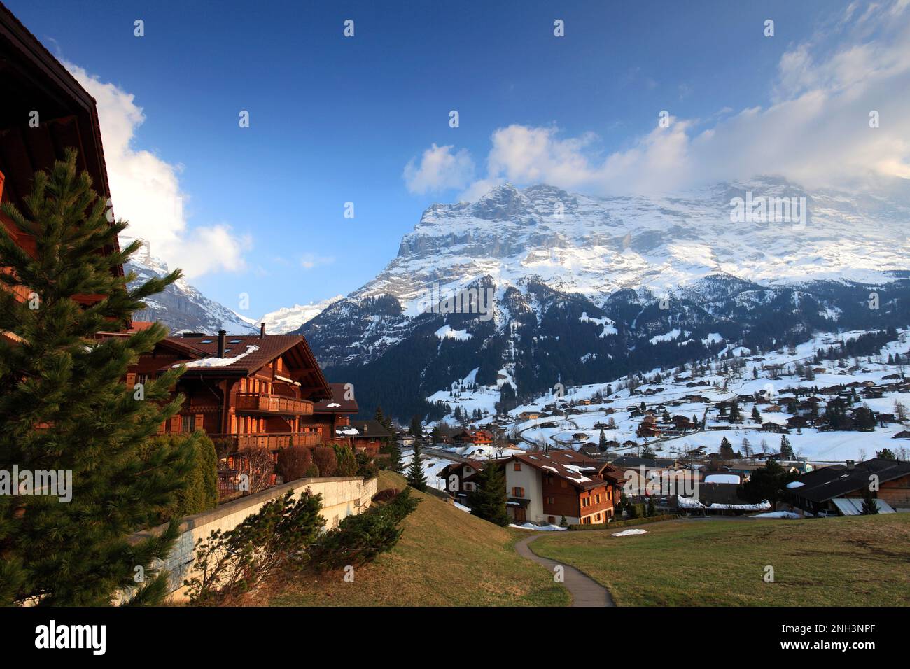 Swiss Chalets in the ski resort of Grindelwald, Swiss Alps, Jungfrau - Aletsch; Bernese Oberland ...