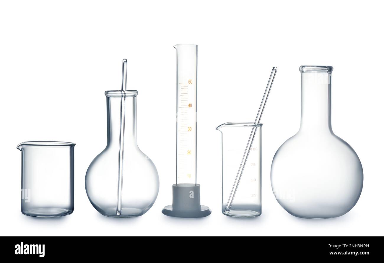 Empty clean laboratory glassware on white background Stock Photo - Alamy
