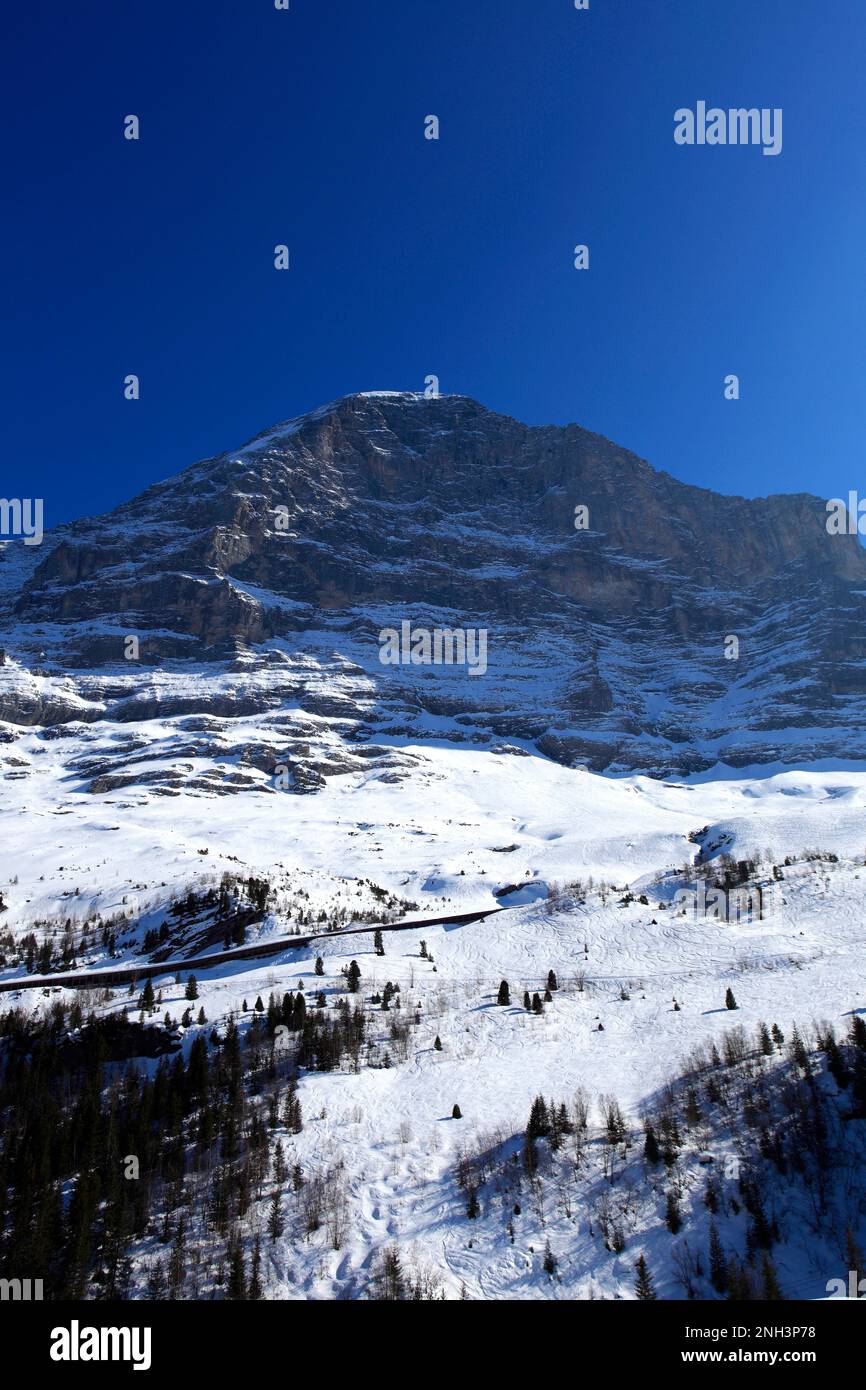 Winter snow view over the North face of the Eiger mountain, Grindelwald ...