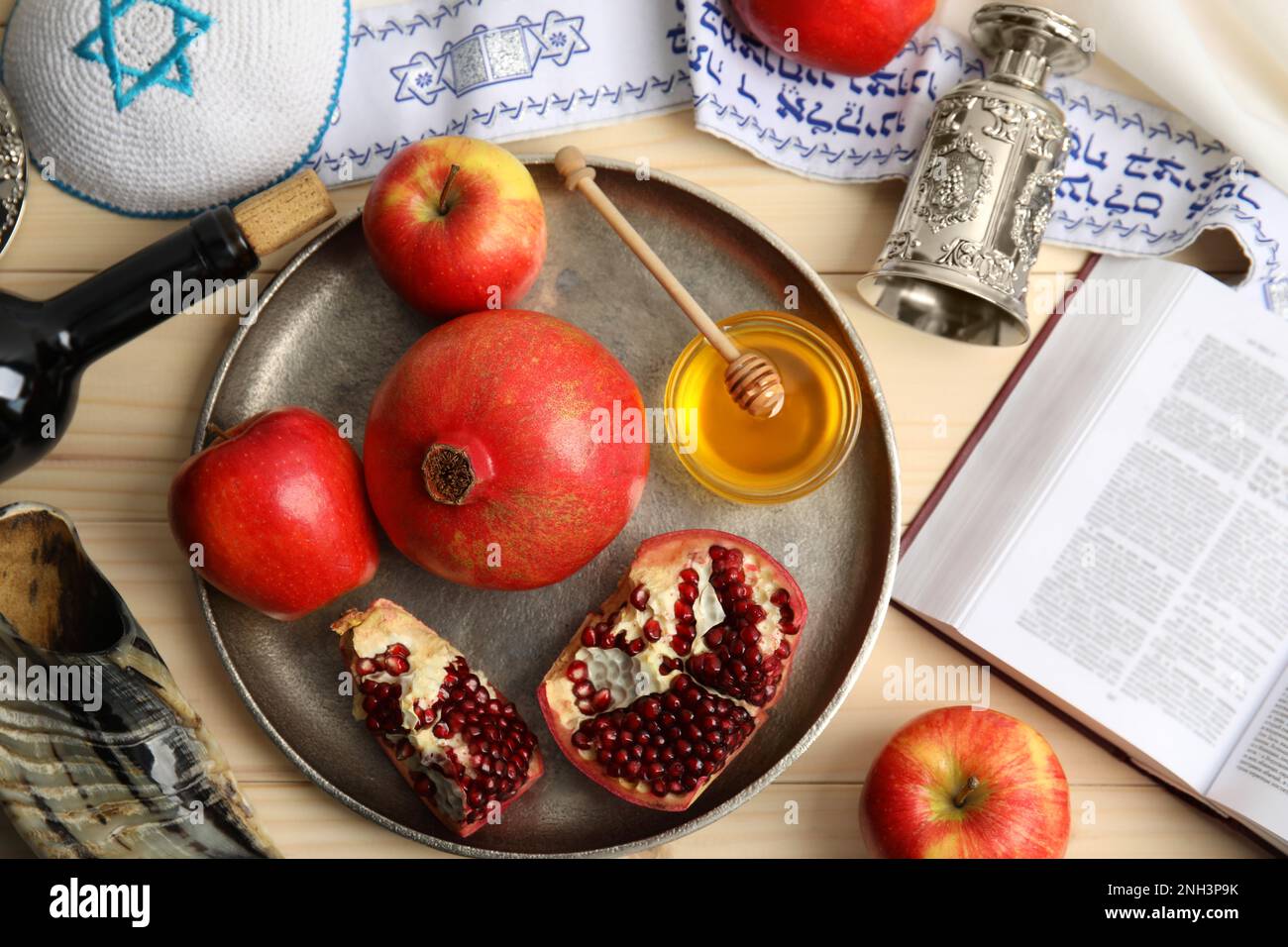 Flat lay composition with Rosh Hashanah holiday attributes and words ...