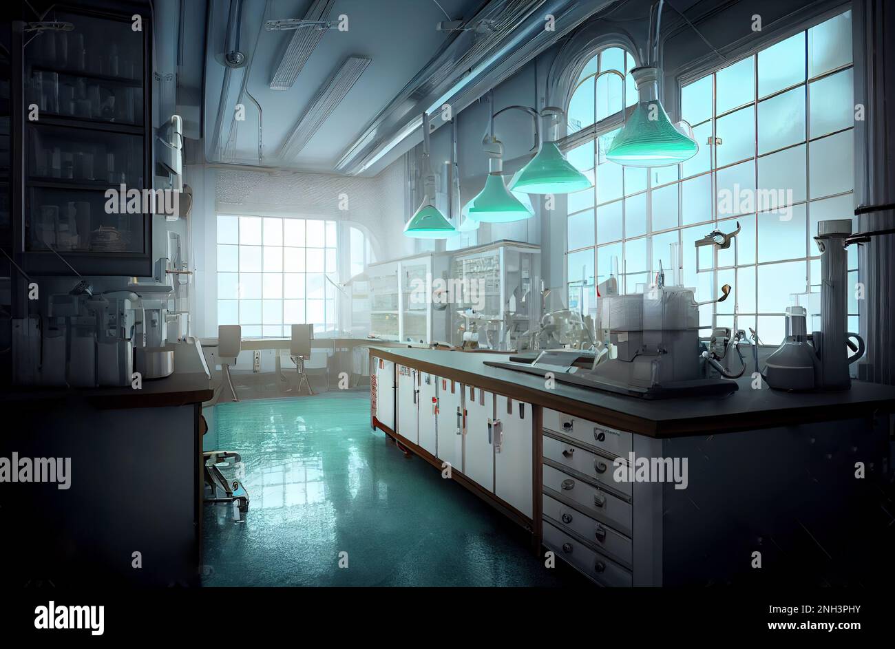 empty laboratory room background in sunlight from big windows, shining ...