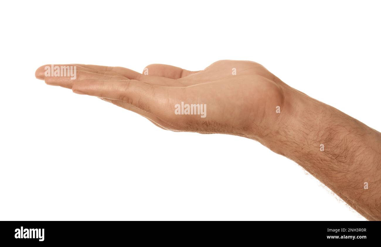 Man holding something on white background, closeup Stock Photo - Alamy