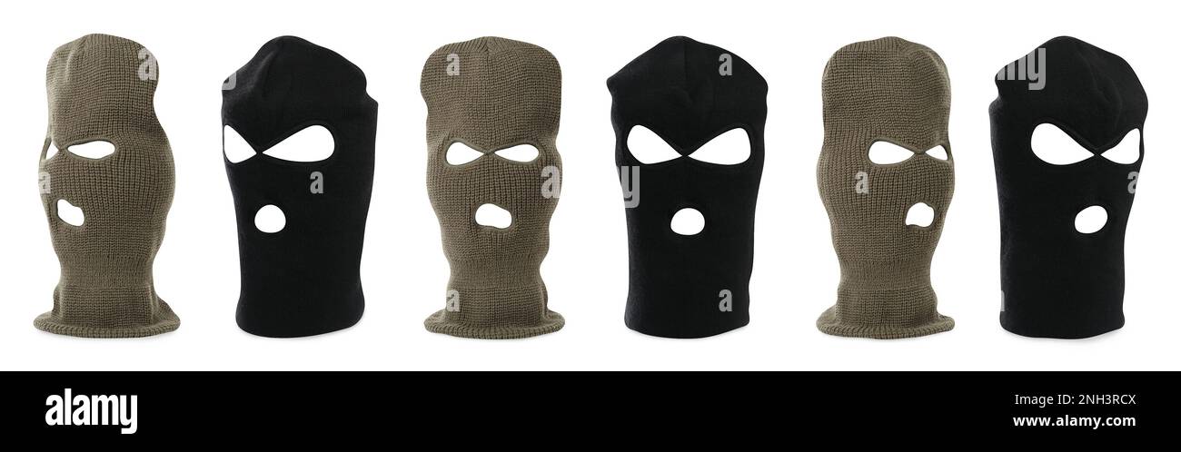 Set with different balaclavas on white background. Banner design Stock ...