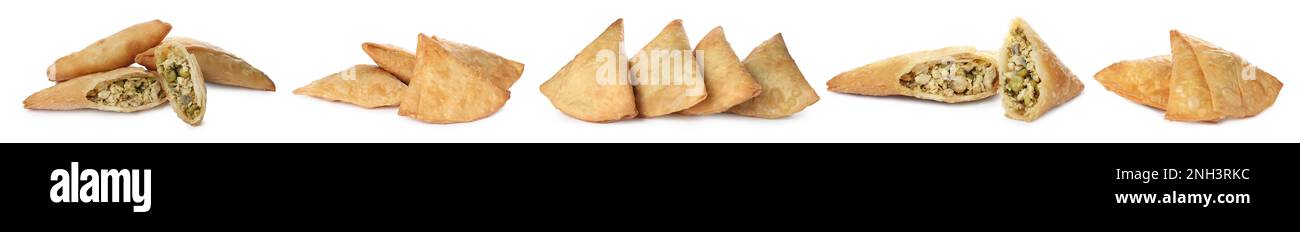 Set with crispy delicious samosas on white background. Banner design ...
