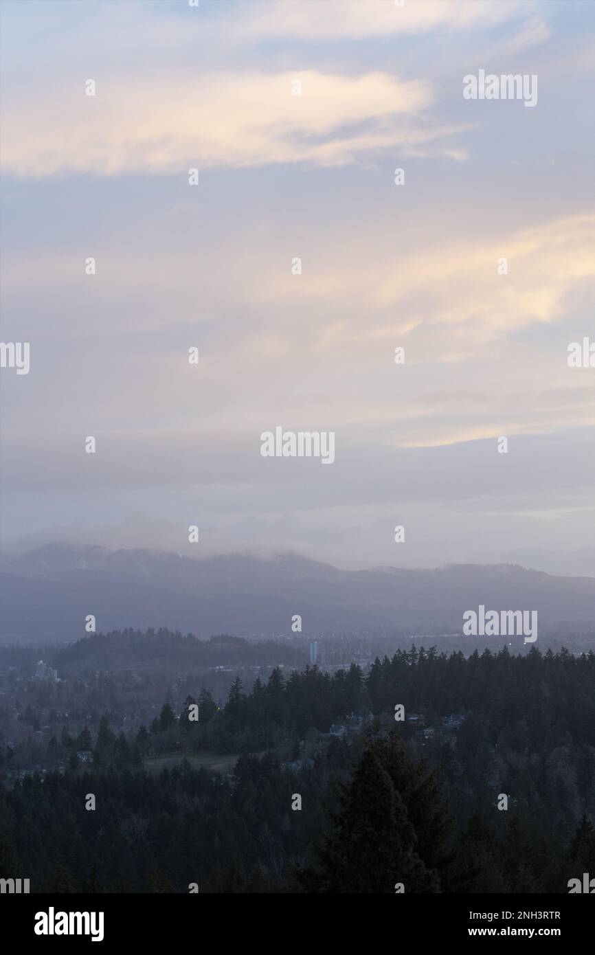 View of Eugene, Oregon from the southwest hills, on a frosty winter ...