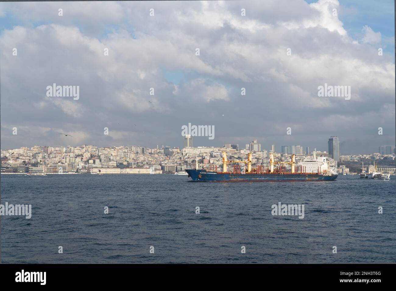 Huge bulk cargo ship passes through the Bosporus Strait, the historical ...