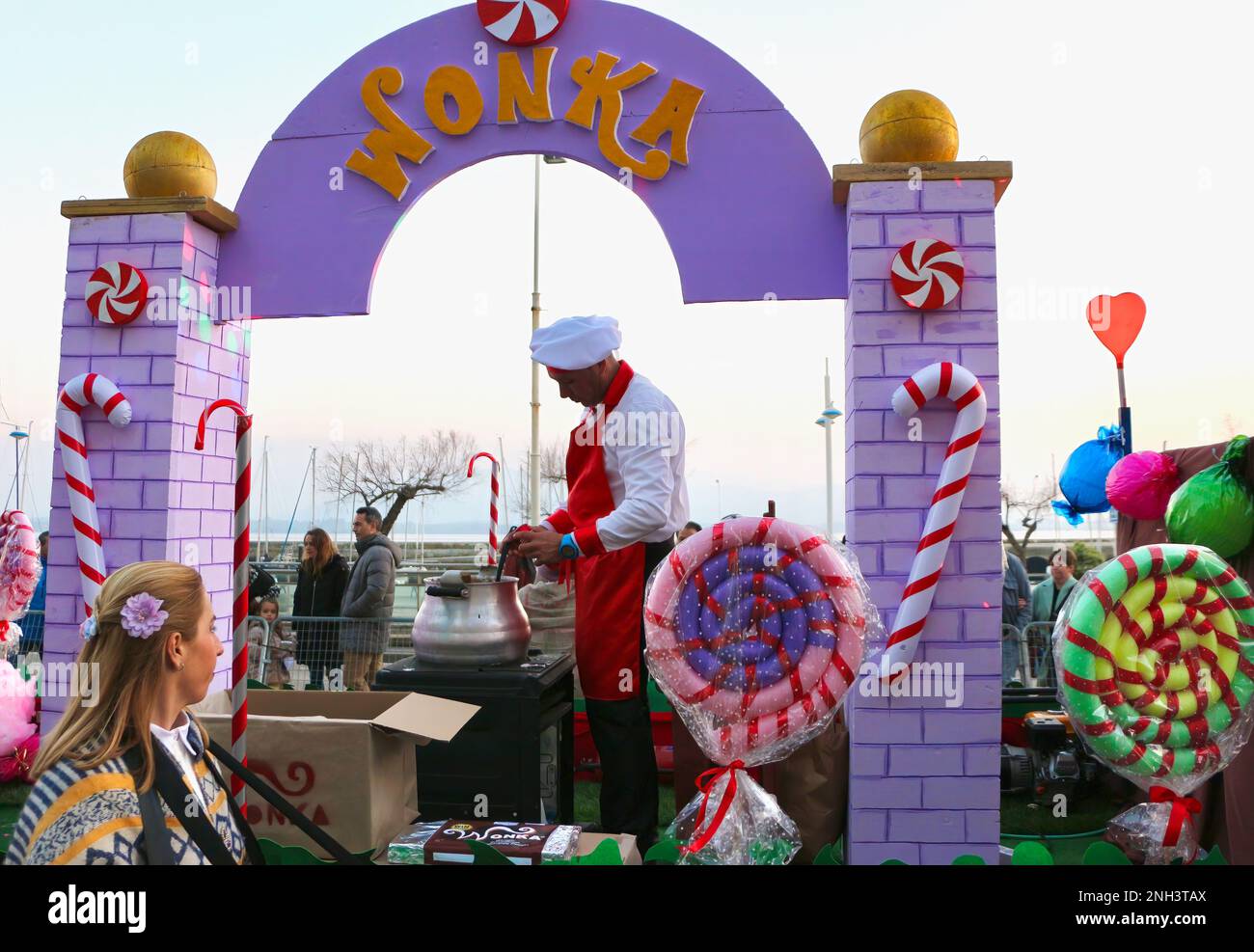 Evening carnival parade with a Willy Wonka themed float in the Spanish ...