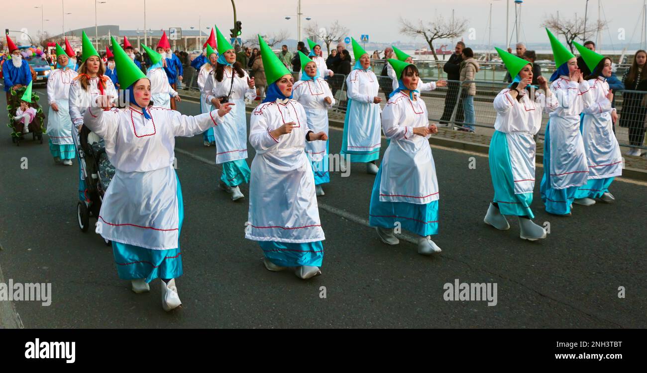 Evening carnival parade with dancing group of girls in the Spanish ...