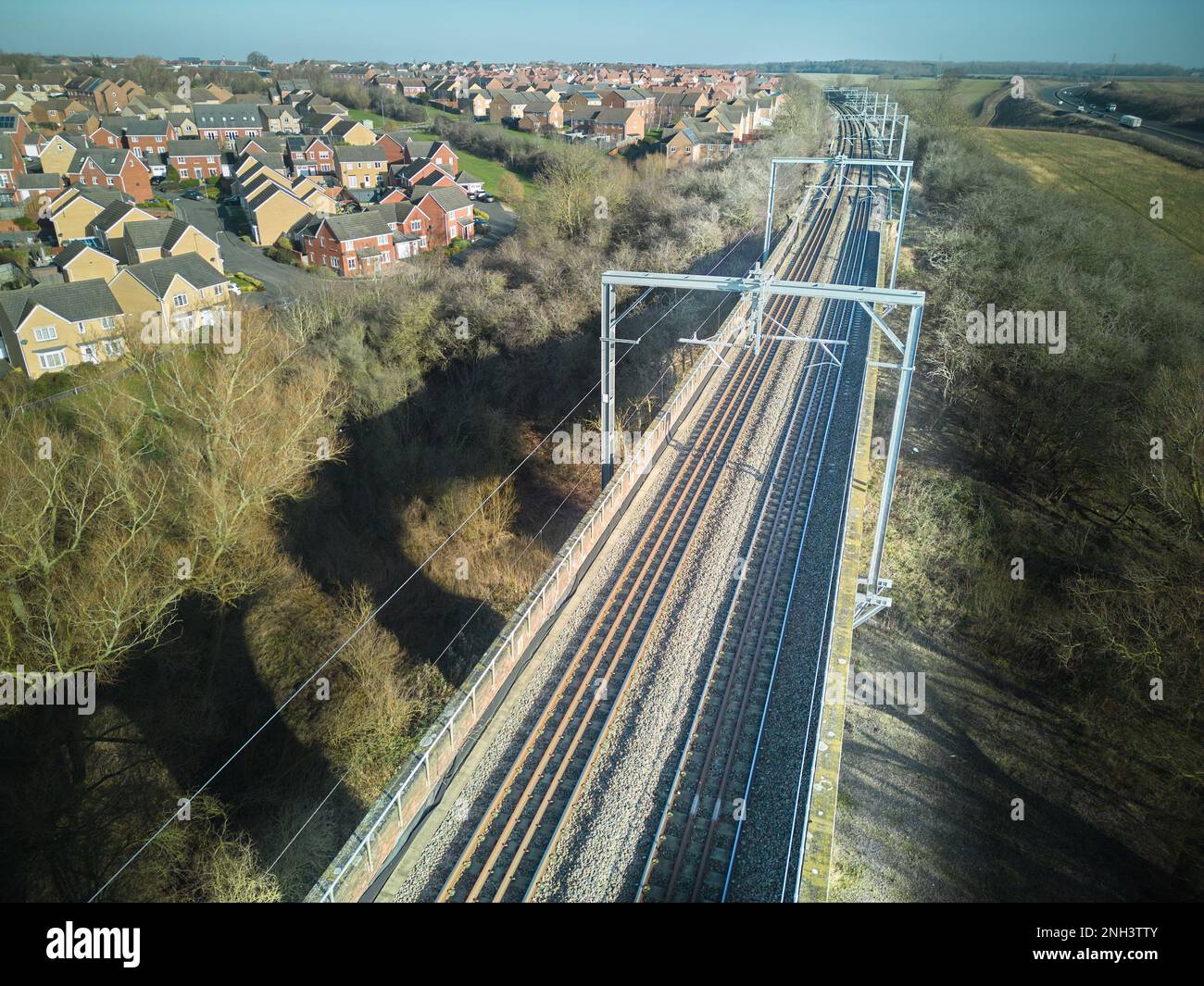 Aerial view of the victorian brick built railway viaduct at Corby ...