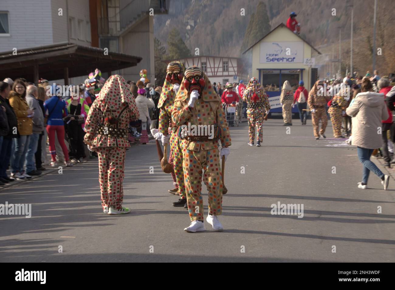 Fool costumes at th e Walenstadt Fasnacht procession in the Swiss Alps ...
