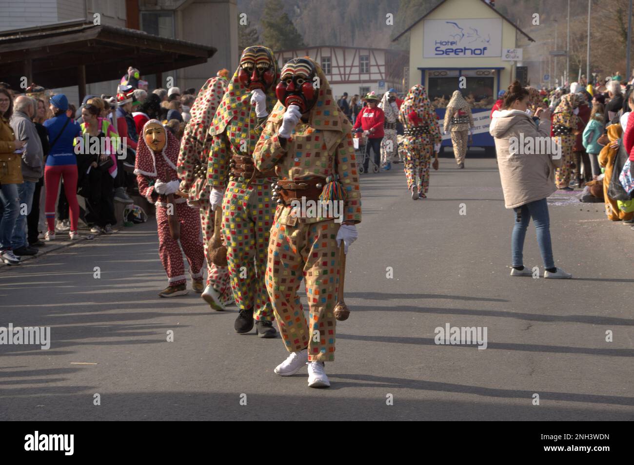 Fool costumes at th e Walenstadt Fasnacht procession in the Swiss Alps ...