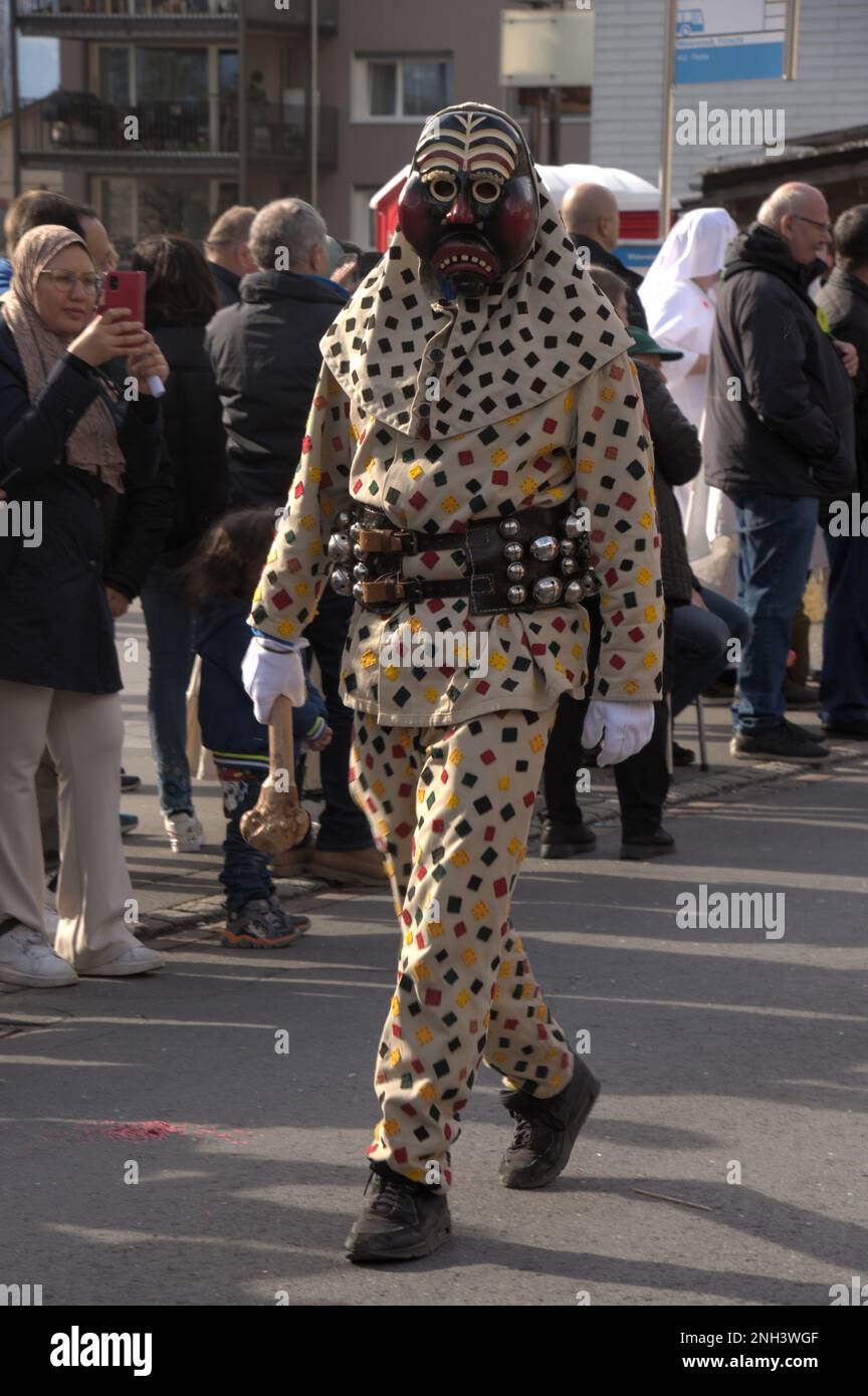 Fool costumes at th e Walenstadt Fasnacht procession in the Swiss Alps ...