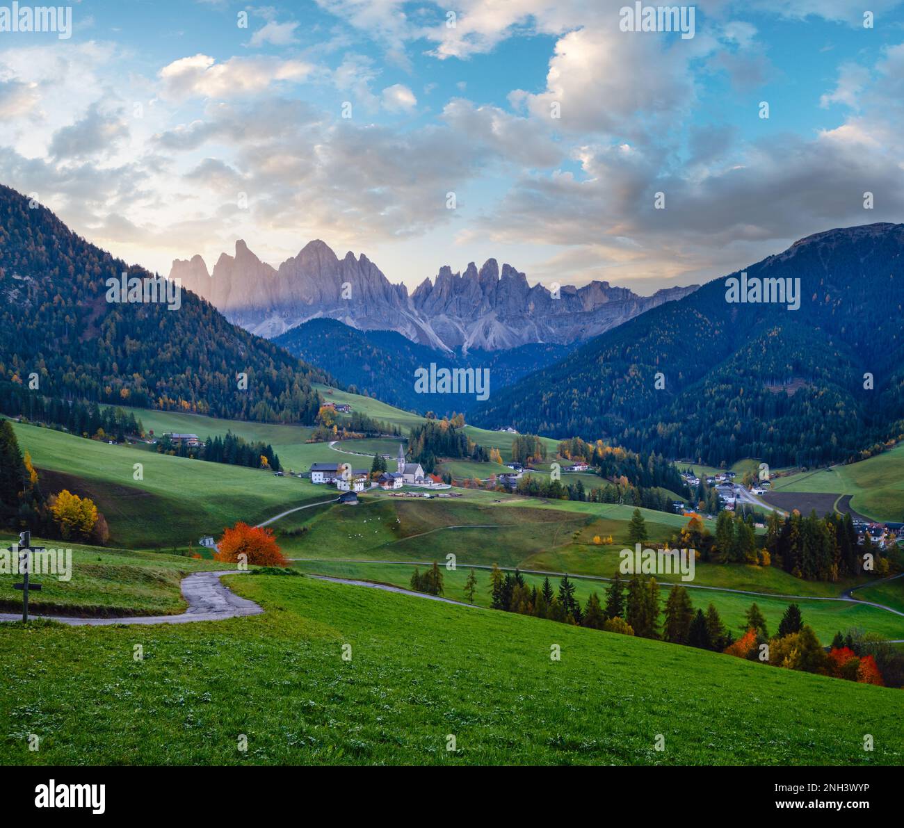 Autumn daybreak Santa Magdalena famous Italy Dolomites village view in ...