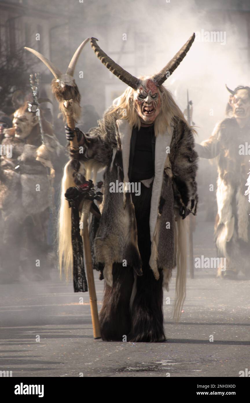Demon costume at the Walenstadt Fasnacht procession in the Swiss Alps ...
