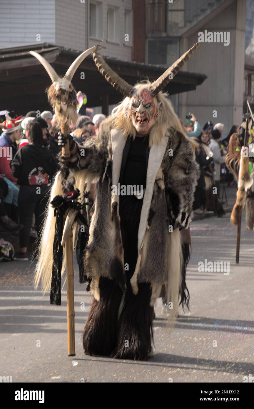 Demon costume at the Walenstadt Fasnacht procession in the Swiss Alps ...