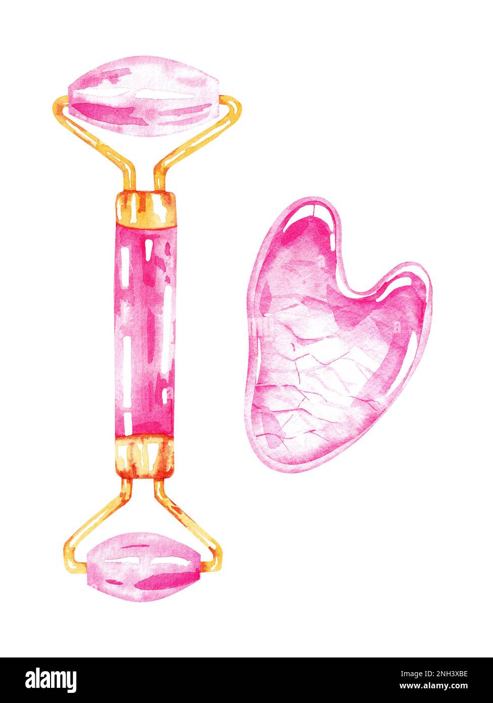 Watercolor roller and Gouache stone. Composition with pink massagers ...