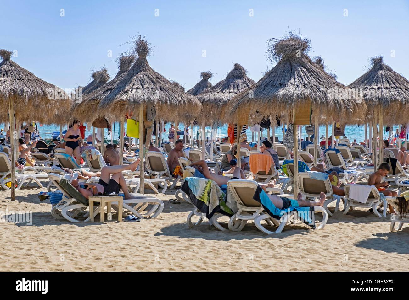 Sunbathers on reclining chairs under parasols on Golem beach / Plazhi i ...