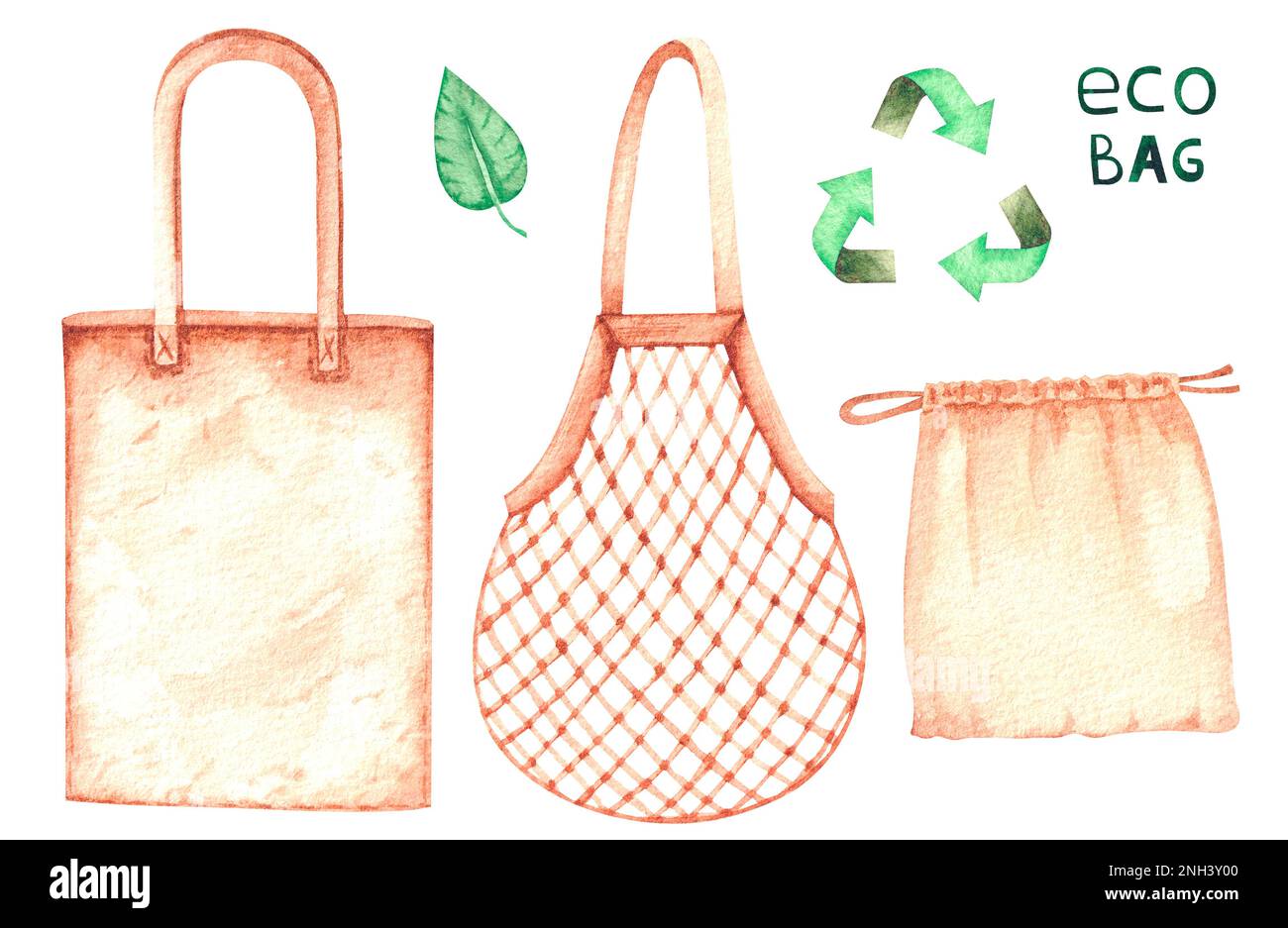 Zero Waste setwatercolor hand-drawn with eco-friendly bags for product ...